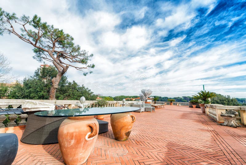 Ancient Terrace with Garden and Trees Stock Photo - Image of garden ...