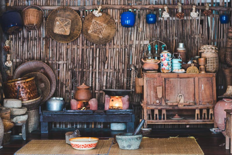 Ancient Thai Traditional Kitchen in the Old Hut Stock Photo - Image of ...