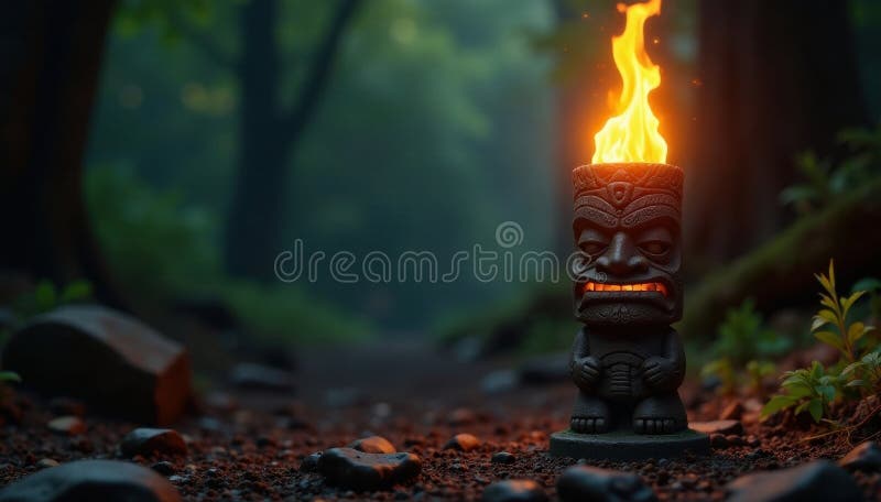 Ancient Tiki Torch, Mystical Golden Flame Ablaze , Magic, Tiki, Night ...
