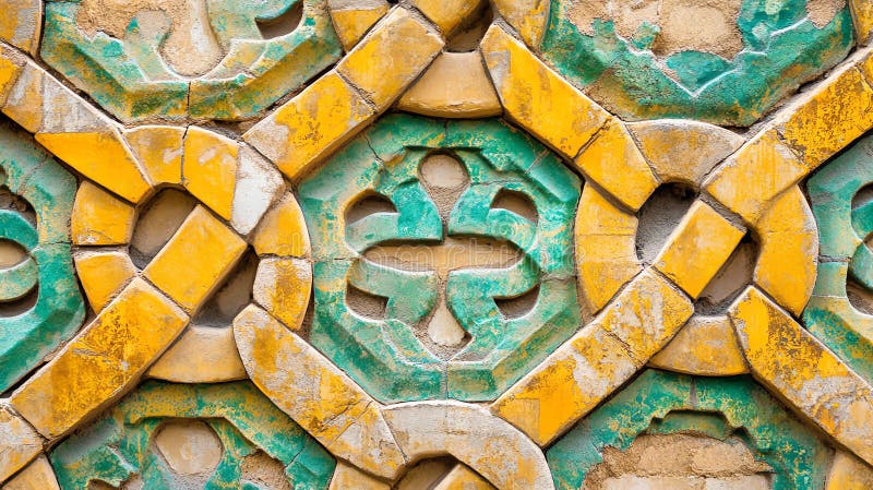 Ancient Tilework: Intricate Yellow and Green Geometric Designs Adorn ...