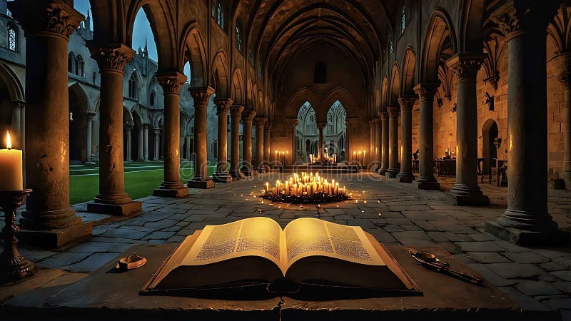 Ancient Tome Biblical Religious Scriptures in Candlelit Cloisters Stock ...