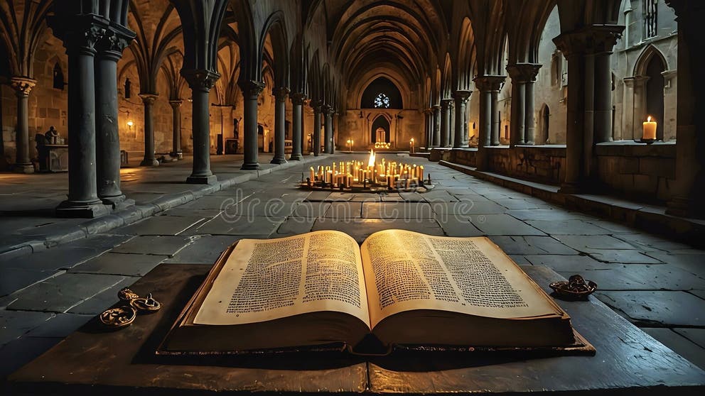 Ancient Tome Biblical Religious Scriptures in Candlelit Cloisters Stock ...