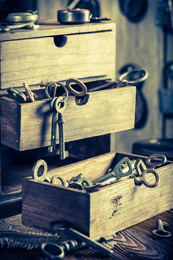 Ancient Tools in Vintage Locksmiths Workshop Stock Photo - Image of ...