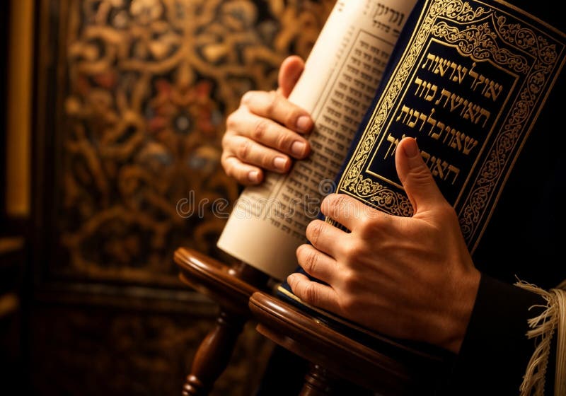 Ancient Torah Scroll Study Session in Traditional Synagogue with Ornate ...