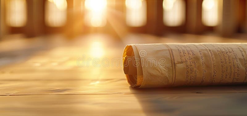 Ancient Torah Scroll on Sunlit Blurred Synagogue Wooden Floor with ...
