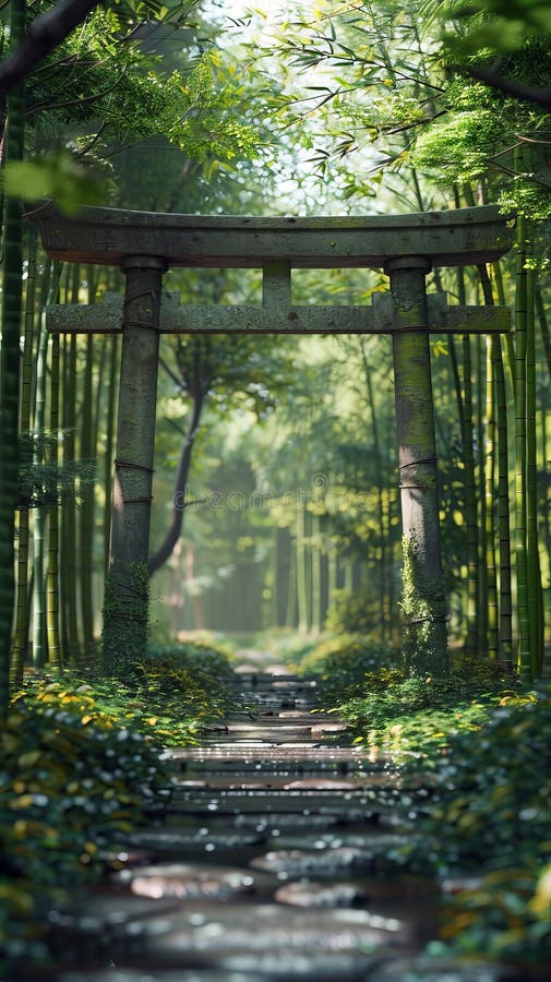Ancient Torii Gate in a Lush Bamboo Forest with a Tranquil Stone Path ...