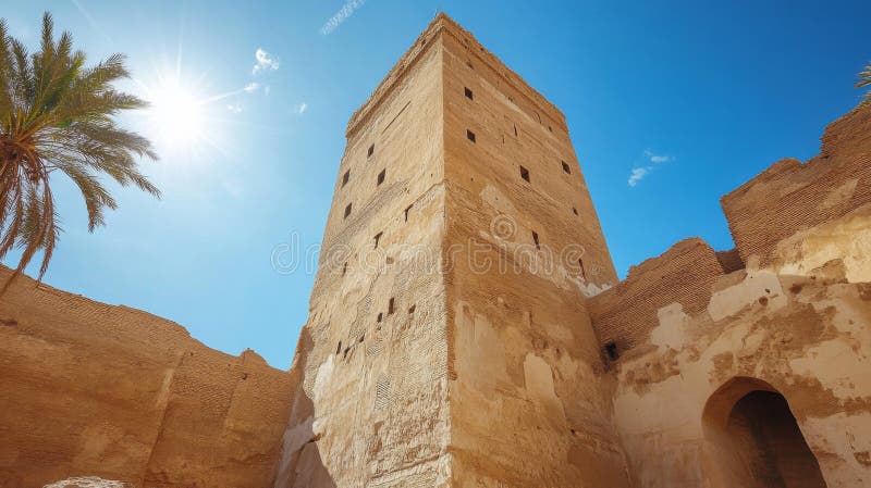 Ancient Tower Amidst Ruins Under a Bright Sun Stock Illustration ...