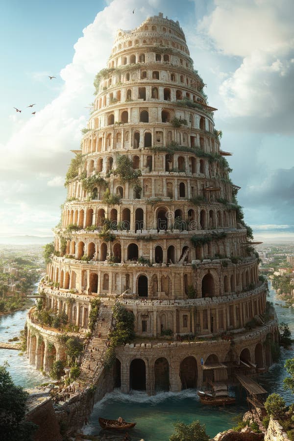 Ancient Tower of Babel with Lush Greenery and Architectural Details ...