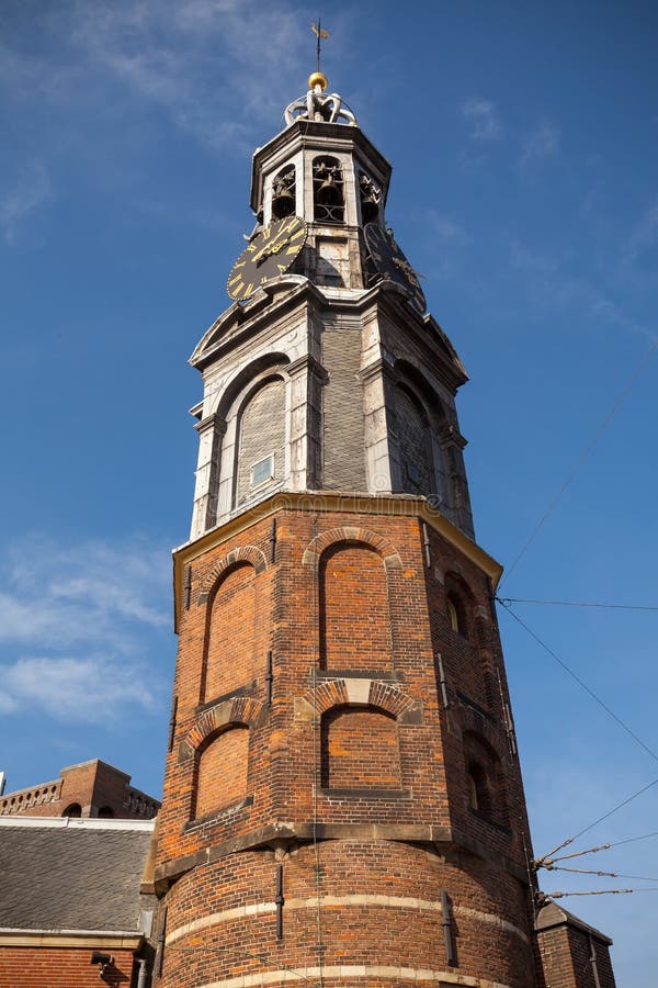 Ancient Tower with Clock in Amsterdam Stock Photo - Image of facade ...
