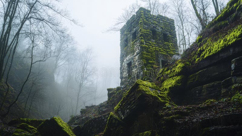Ancient Moss-covered Tower Rising through Mist Enchanted Forest ...