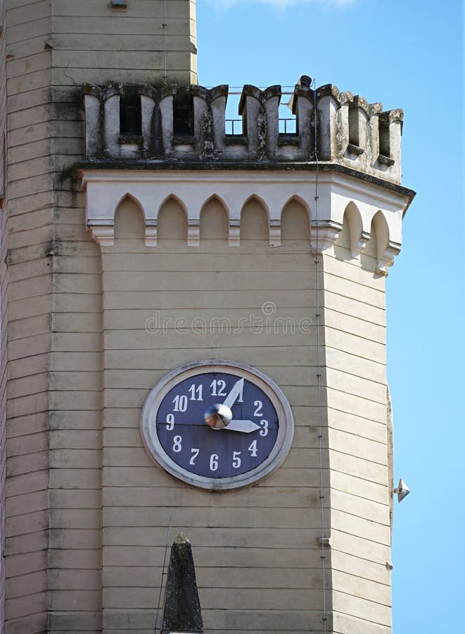 Ancient Tower of Light Color with Large Round Clock Stock Photo - Image ...
