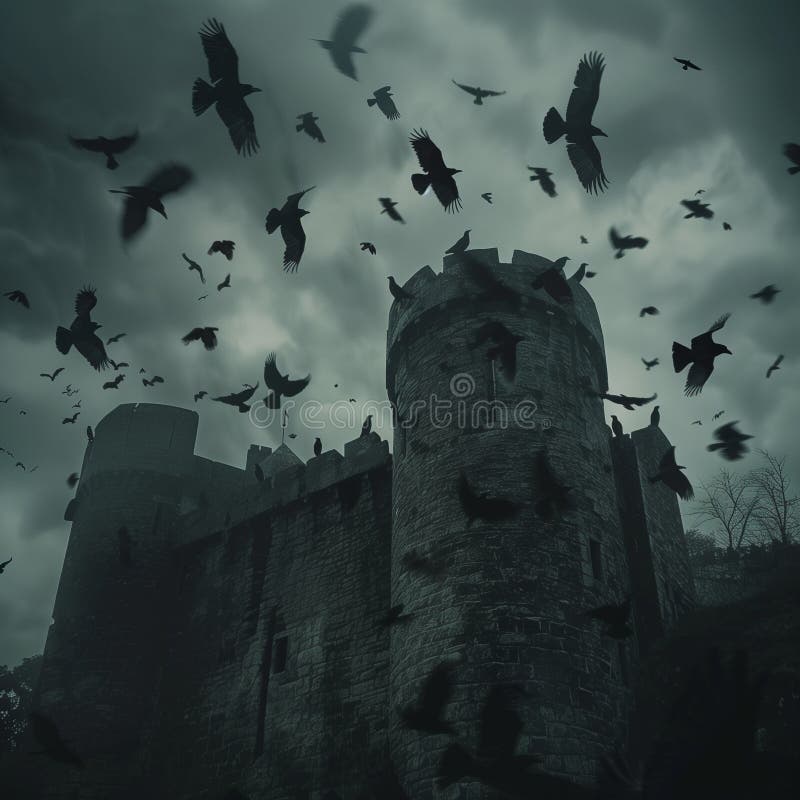 An Ancient Tower Surrounded by Ravens Stock Image - Image of clouds ...