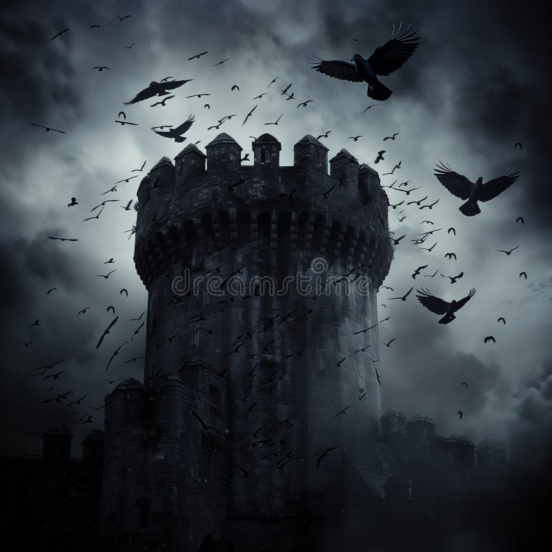 An Ancient Tower Surrounded by Ravens Stock Photo - Image of twilight ...
