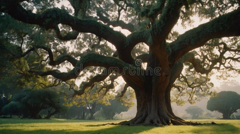 An Ancient, Towering an Ara Tree Standing at Dawn. Stock Illustration ...