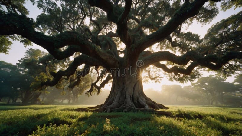 An Ancient, Towering an Ara Tree Standing at Dawn. Stock Illustration ...
