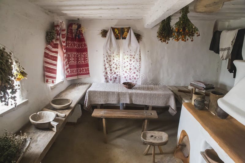 Ancient Traditional Ukrainian House. Interior and Household Items Stock ...