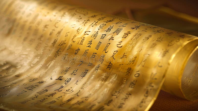 Ancient Transparent Scroll with Flowing Chinese Characters Against a ...