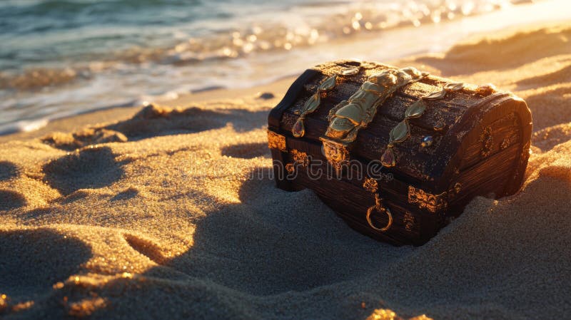 An Ancient Treasure Chest Rests on the Sandy Beach. Waves Gently Lap at ...