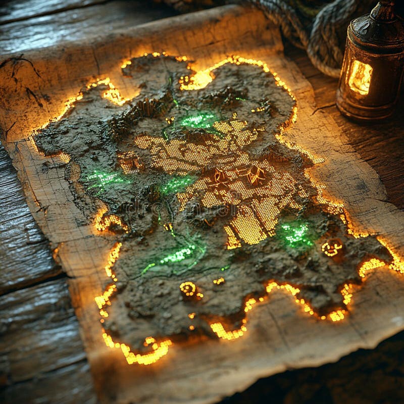Ancient Treasure Map with Glowing Landmarks and Mystical Symbols. Stock ...
