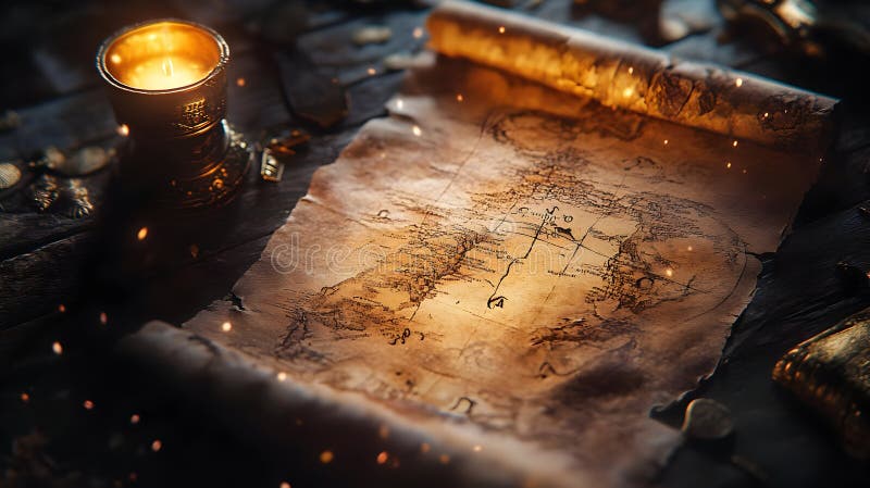 Ancient Treasure Map Illustration with Candle Light Stock Illustration ...