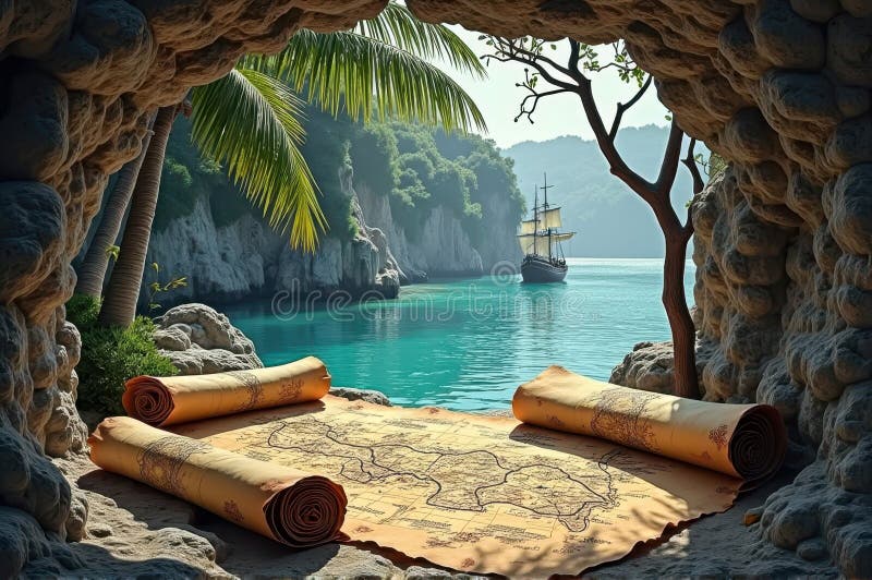 Ancient Treasure Map in Tropical Cave Overlooking Calm Sea and Sailing ...