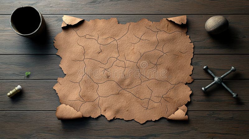 Ancient Treasure Map on Wooden Table with Tools and Materials Stock ...