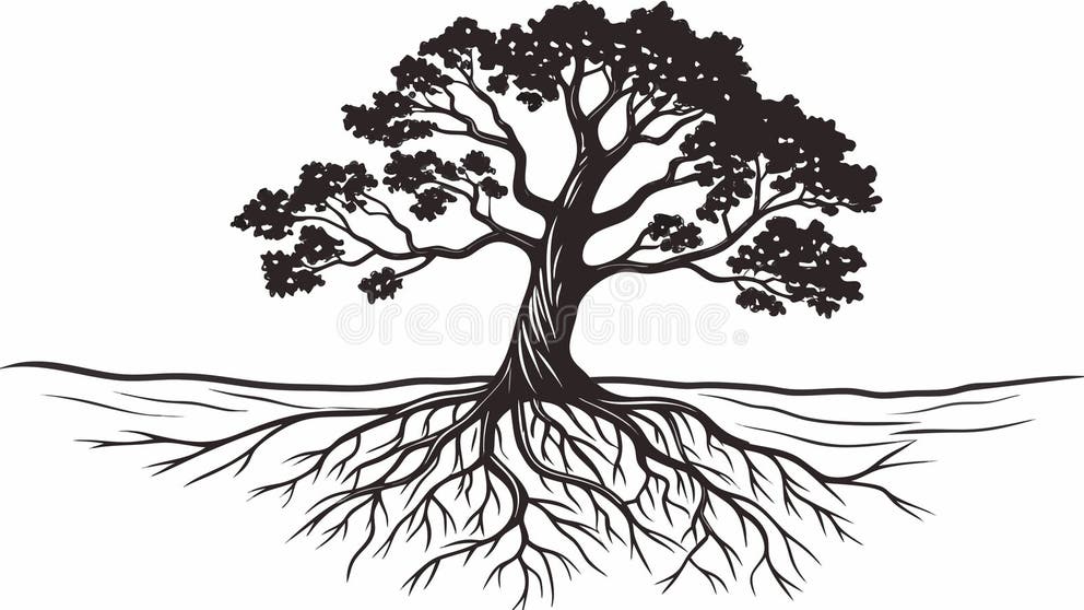 Ancient Tree with Deep Roots, Connection To Earth, Longevity, Vector ...