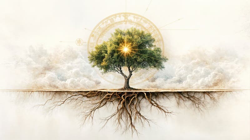 Ancient Tree with Deep Roots and Radiant Star Symbol Against Mystical ...