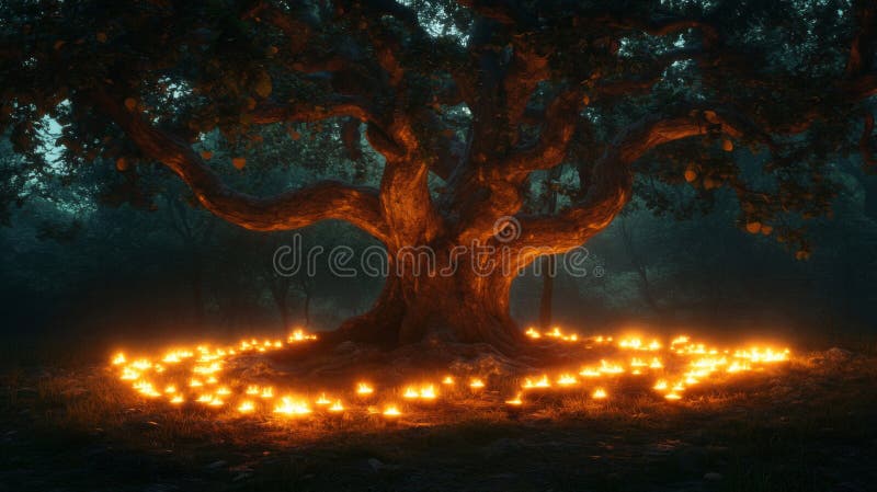 Ancient Tree with Enchanting Ring of Fire in a Dark Forest Stock ...