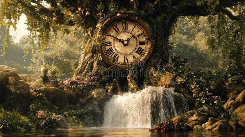 Ancient Tree with a Giant Clock and Waterfall in a Magical Forest Stock ...