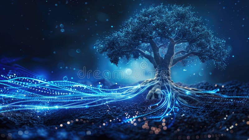 Ancient Tree with Glowing Data Roots and Branches Symbolizes the Growth ...