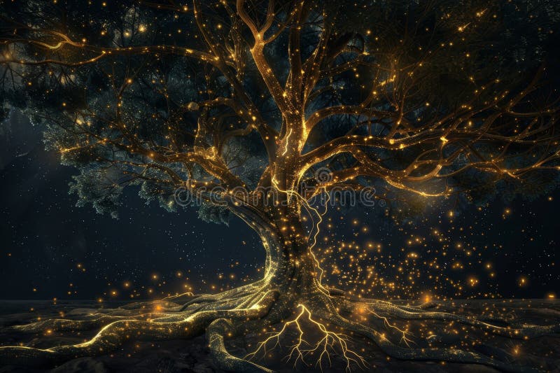 Ancient Tree with Glowing Neural Pathways Symbolizing Nature S ...