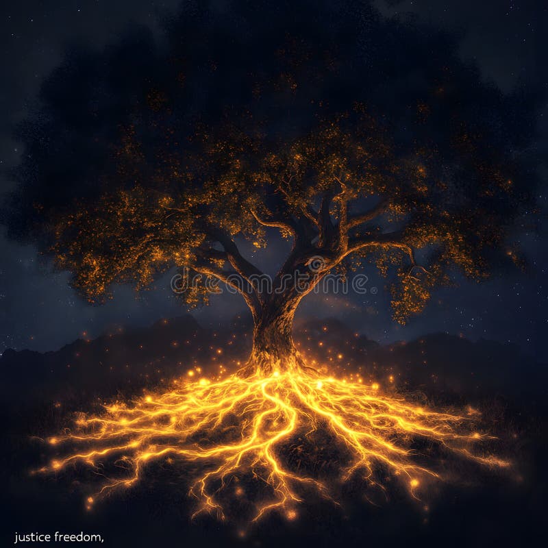 Ancient Tree with Glowing Roots, Symbolizing Justice and Freedom Under ...