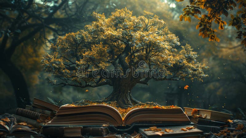 Ancient Tree Growing from Open Book in a Mystical Forest, Magical ...