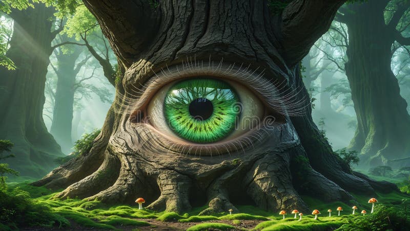 Ancient Tree with Human Eye Embedded in Trunk Stock Illustration ...