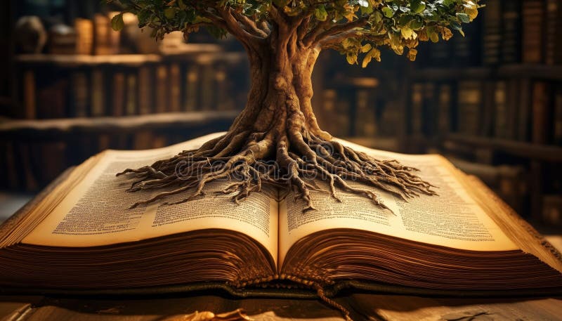 Ancient Tree of Knowledge: a Magical Book with Open Pages Depicting the ...