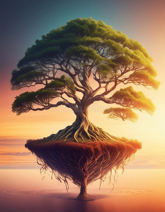 Ancient Tree Levitating Over Water at Sunset Stock Illustration ...