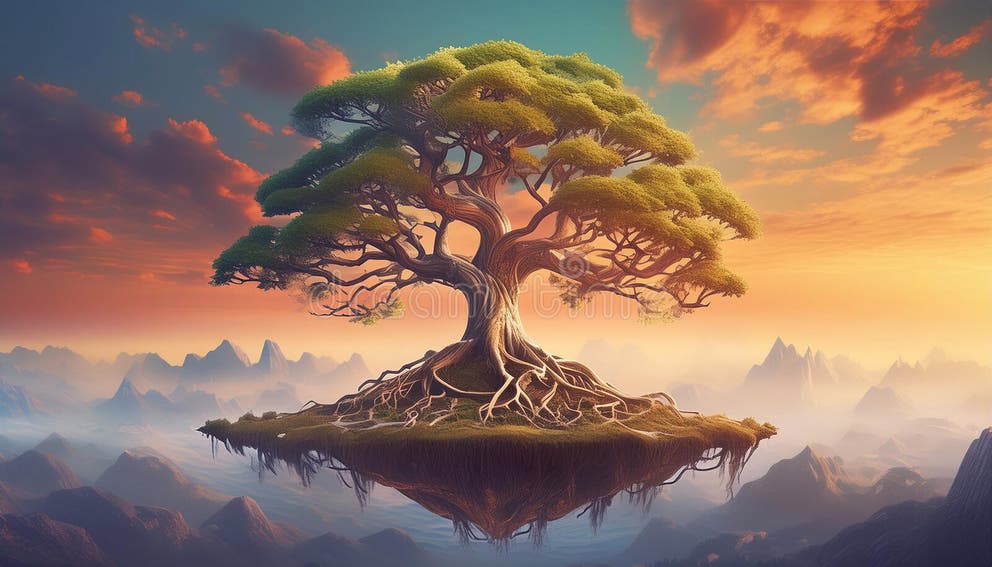 Ancient Tree Levitating Over Water at Sunset Stock Illustration ...