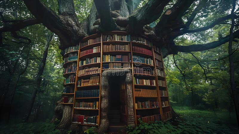 Ancient Tree Library with Books on Shelves Hidden in Enchanting Forest ...
