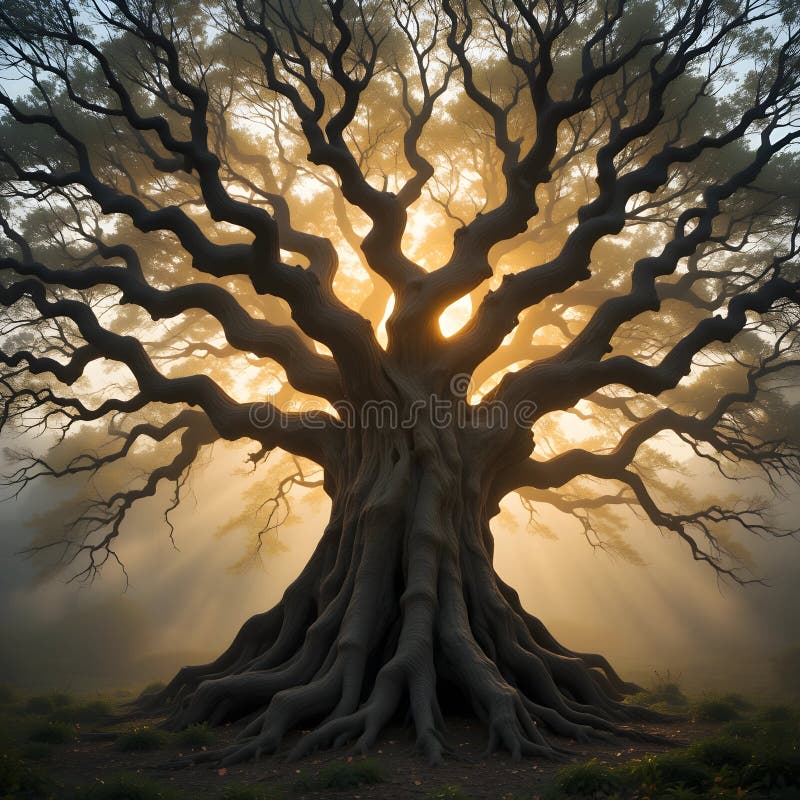 Ancient Tree of Life, Sunlit Canopy and Root System in Misty Light ...