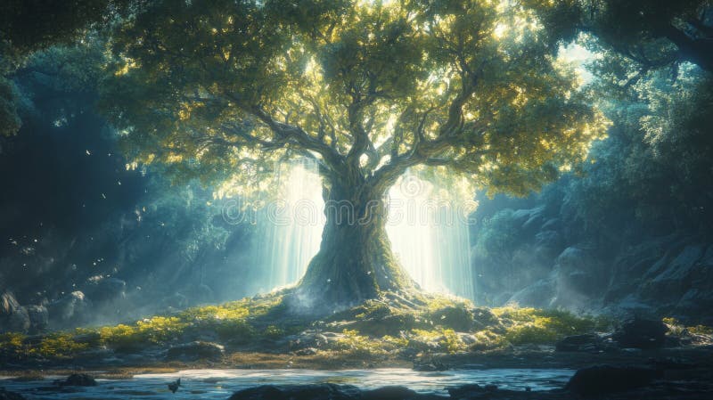 Ancient Tree in a Magical Forest Stock Illustration - Illustration of ...