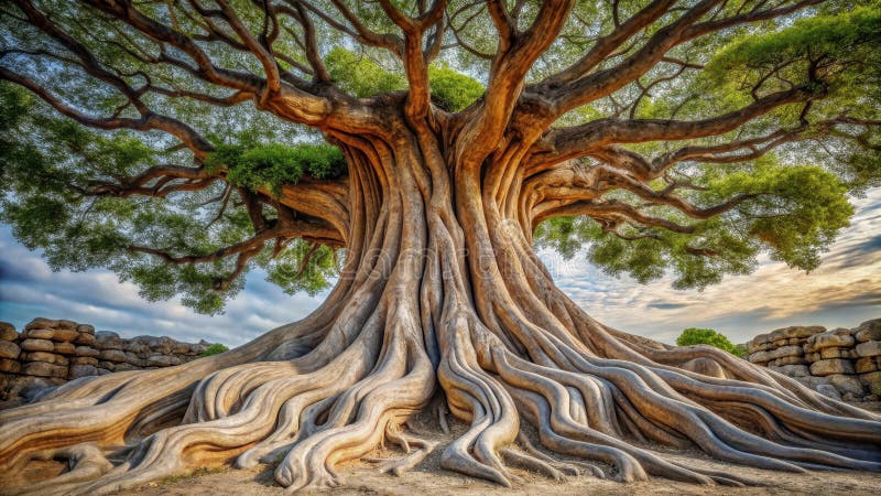 Ancient Tree with Majestic Roots and Lush Canopy Under a Serene Sky ...