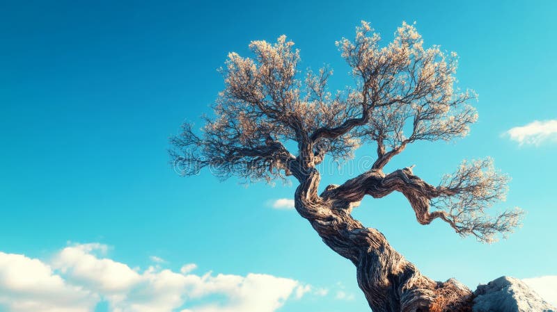 Ancient Tree with Reaching Limbs Against a Blue Sky Background Stock ...