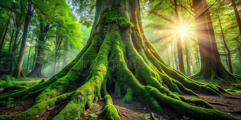 Ancient Tree Roots Covered in Lush Green Moss, Bathed in Sunlight in a ...