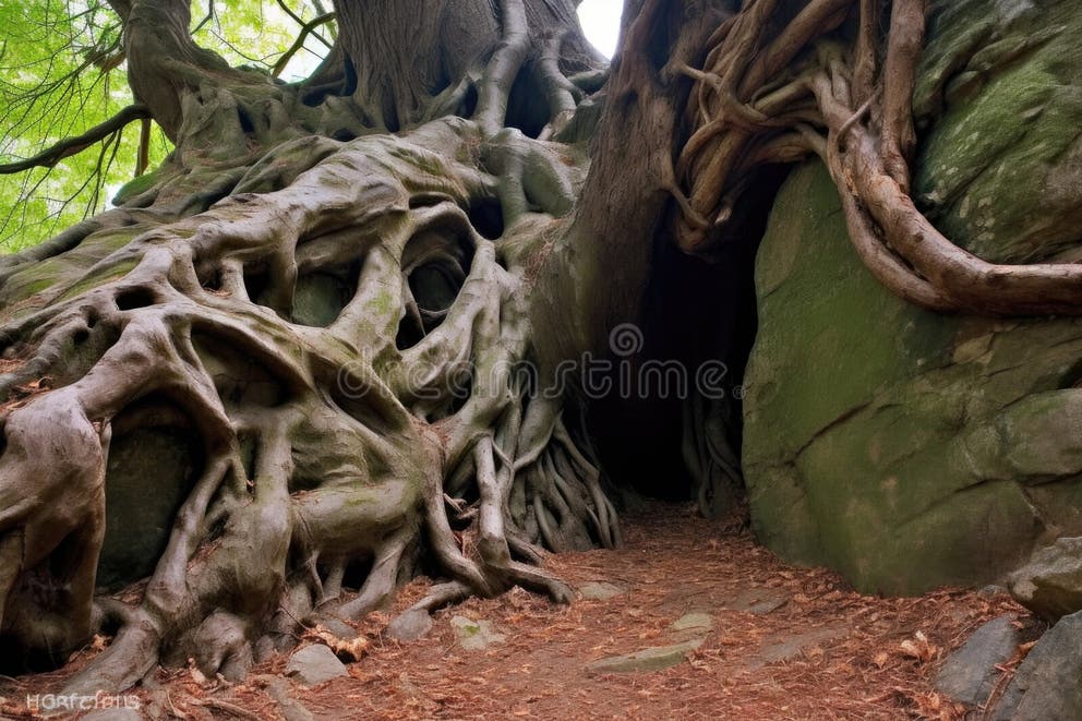 Ancient Tree Roots Entwining Around a Boulder Stock Photo - Image of ...