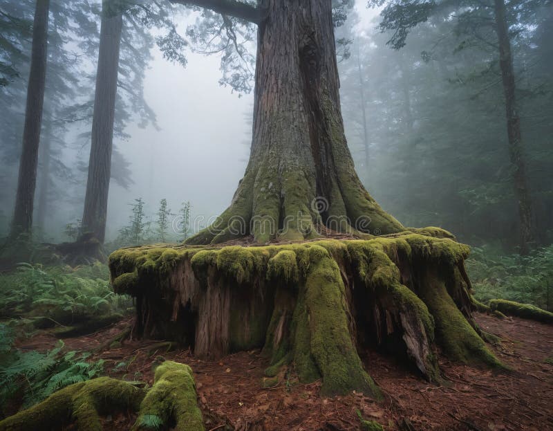 Ancient Tree Roots in a Misty Forest. Stock Illustration - Illustration ...