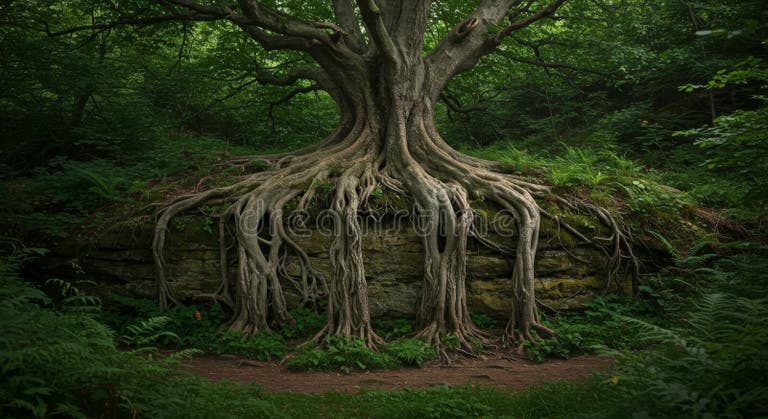 Ancient Tree Roots Over Stone Wall in Dark Forest Stock Illustration ...
