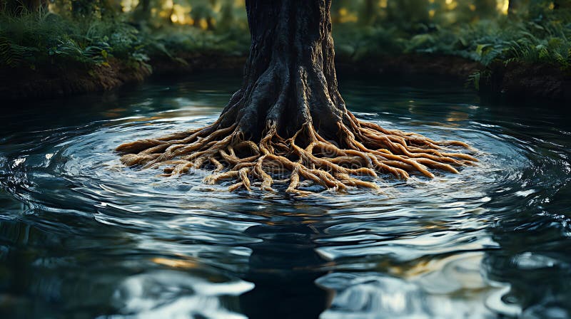 Ancient Tree Roots Submerged in a Tranquil Forest Pond, Creating ...
