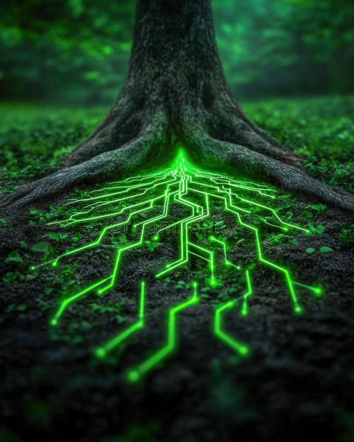 Ancient Tree with Roots Transforming into Glowing Neon Circuits Stock ...