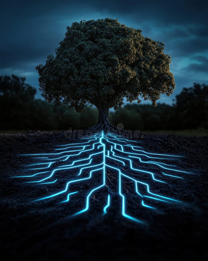 Ancient Tree with Roots Transforming into Glowing Neon Circuits Stock ...
